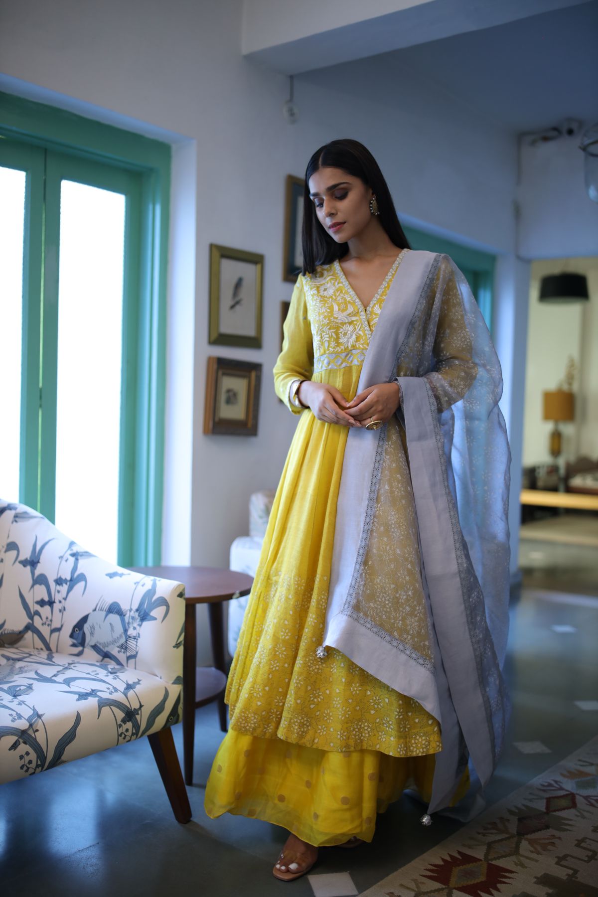 Yellow angrakha style anarkali with skirt & dupatta – Neeta Bhargava